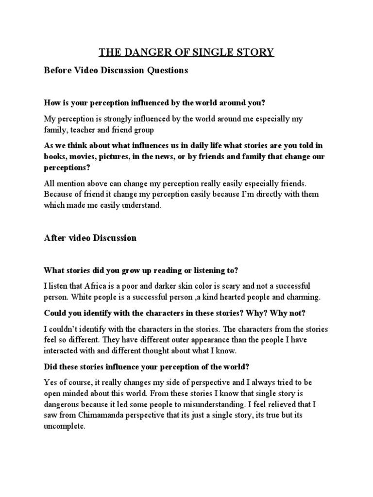 The Danger of Single Story: Before Video Discussion Questions | PDF ...