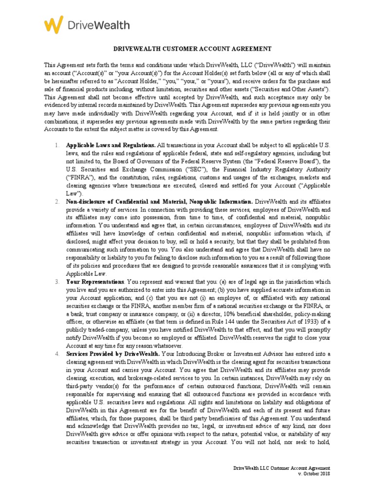 Drivewealth LLC Customer Account Agreement V. October 2018 | PDF ...