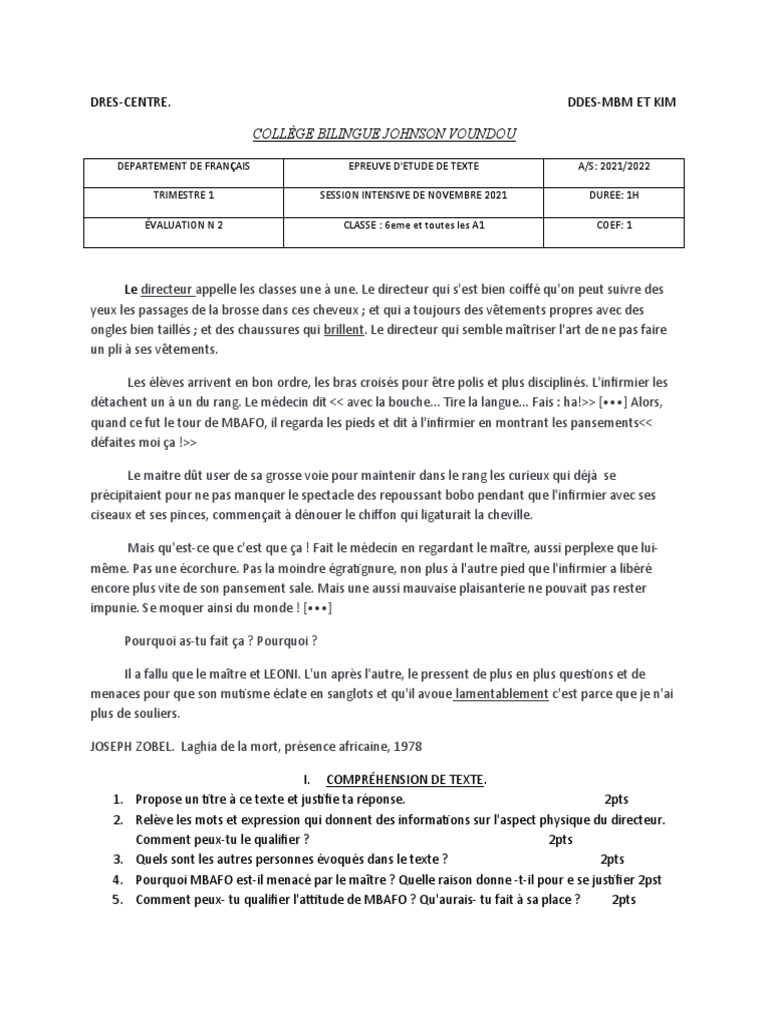 Epreuve D'etude de Texte 6eme | PDF | Grammaire | Linguistique
