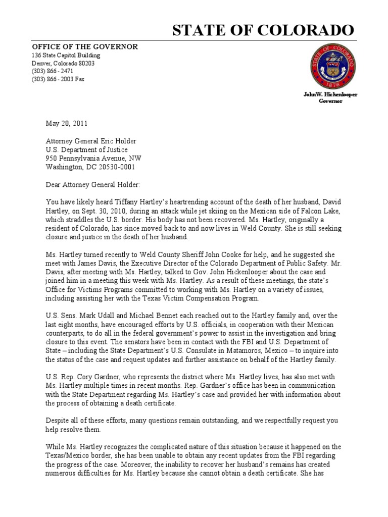 David Hartley Letter | PDF | Eric Holder | Colorado