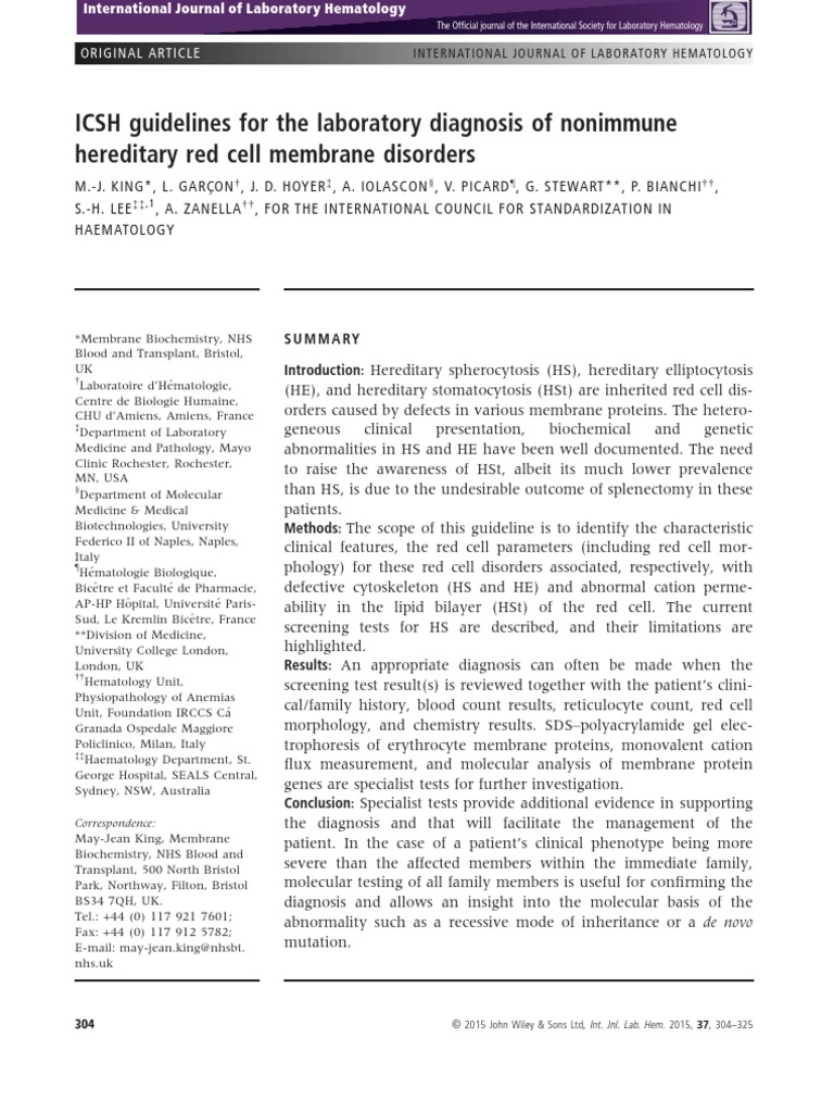 ICSH Guidelines For The Laboratory Diagnosis of Nonimmune Hereditary ...
