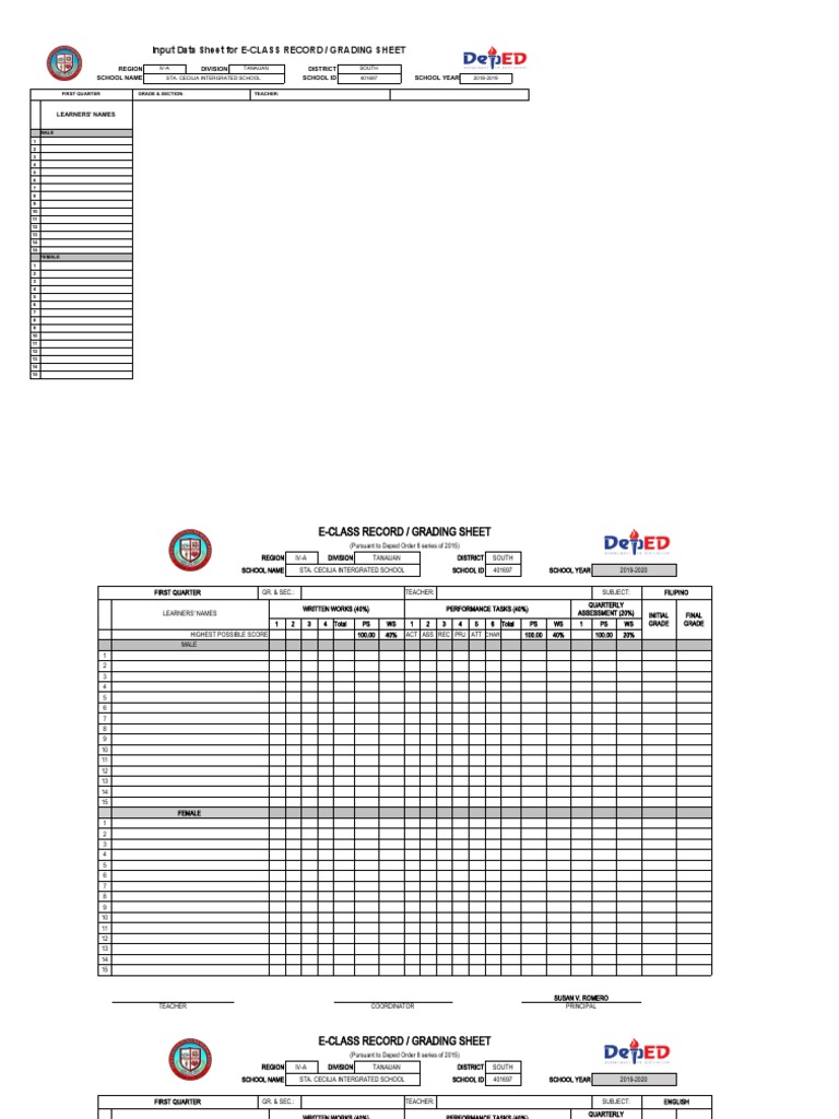 Input Data Sheet For E-Class Record / Grading Sheet: Region Division ...