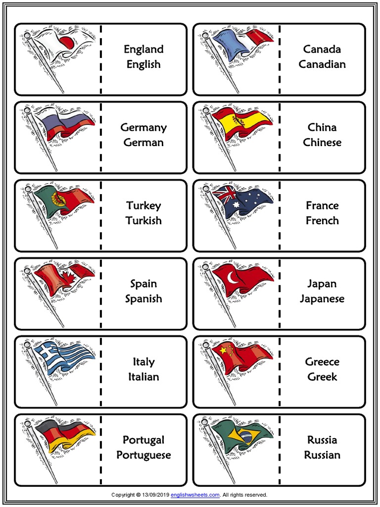 Countries and Nationalities Vocabulary Esl Printable Dominoes Game For ...