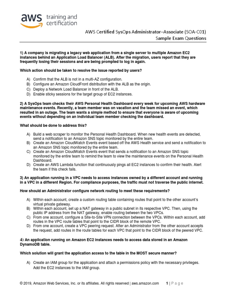 AWS Certified SysOps Administrator Associate Sample Questions v1.5 - FINAL | PDF | Amazon Web ...