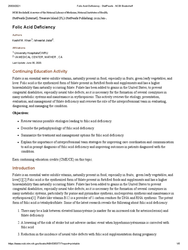 Folic Acid Deficiency - StatPearls - NCBI Bookshelf | PDF | Vitamin B12 ...