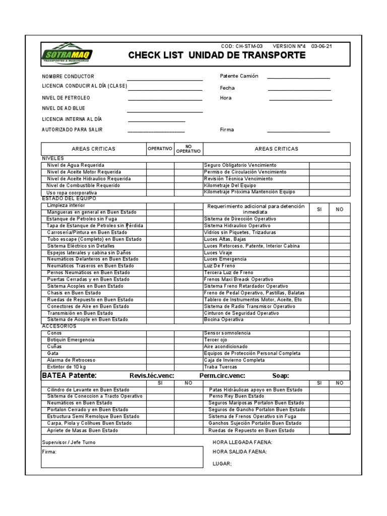 Check List Unidad de Transporte Batea Cmdic | PDF | Neumático | Camión