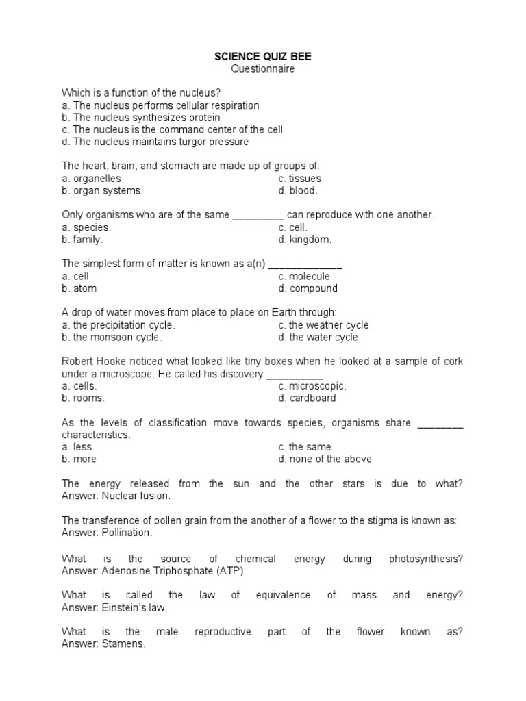 Science Quiz Bee Score Sheet | PDF | Cell (Biology) | Chemistry