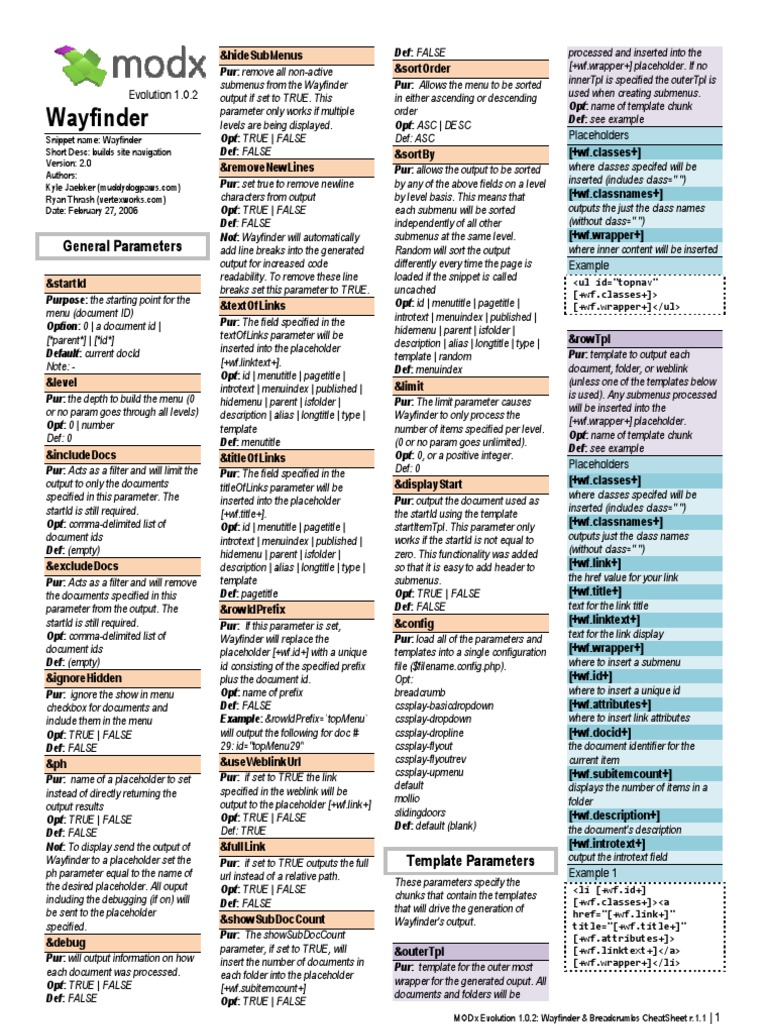 MODx Wayfinder and Breadcrumbs Cheatsheet v1.1 | PDF | Parameter (Computer Programming ...