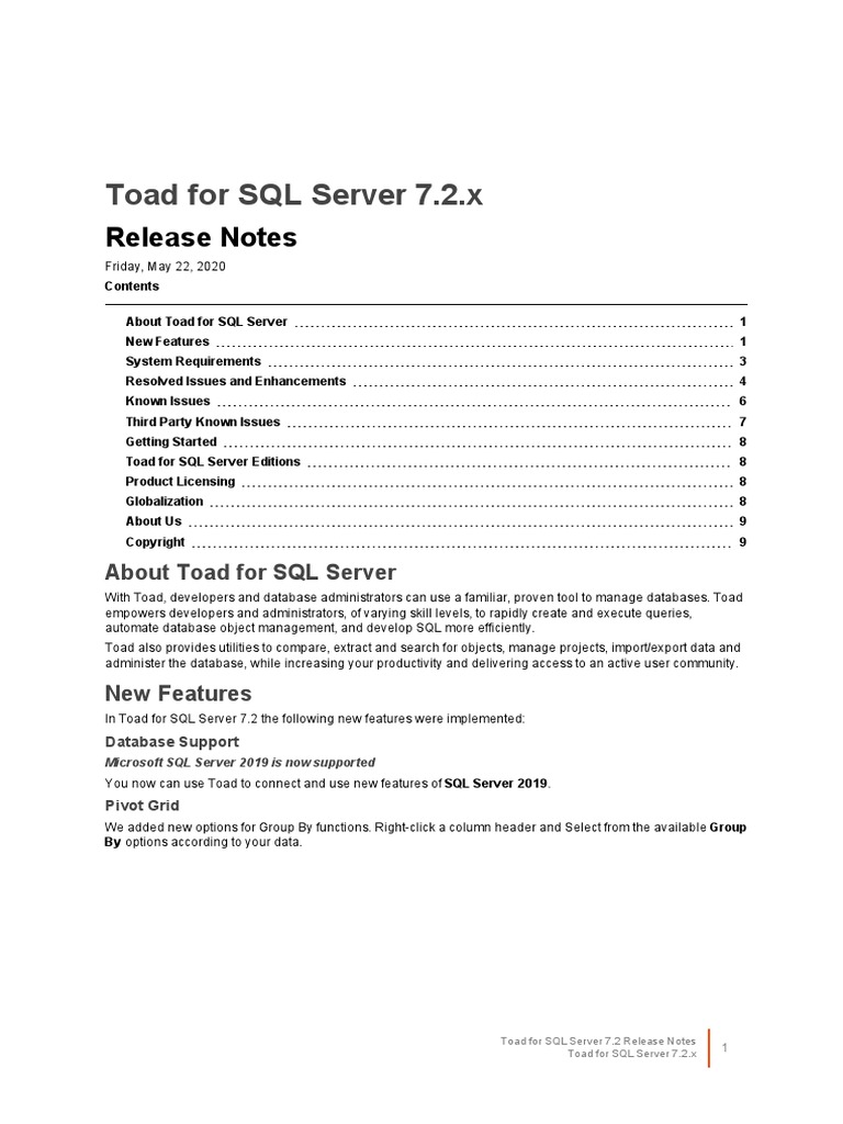 Toad For SQL Server 7.2.x: Release Notes | PDF | Microsoft Sql Server ...