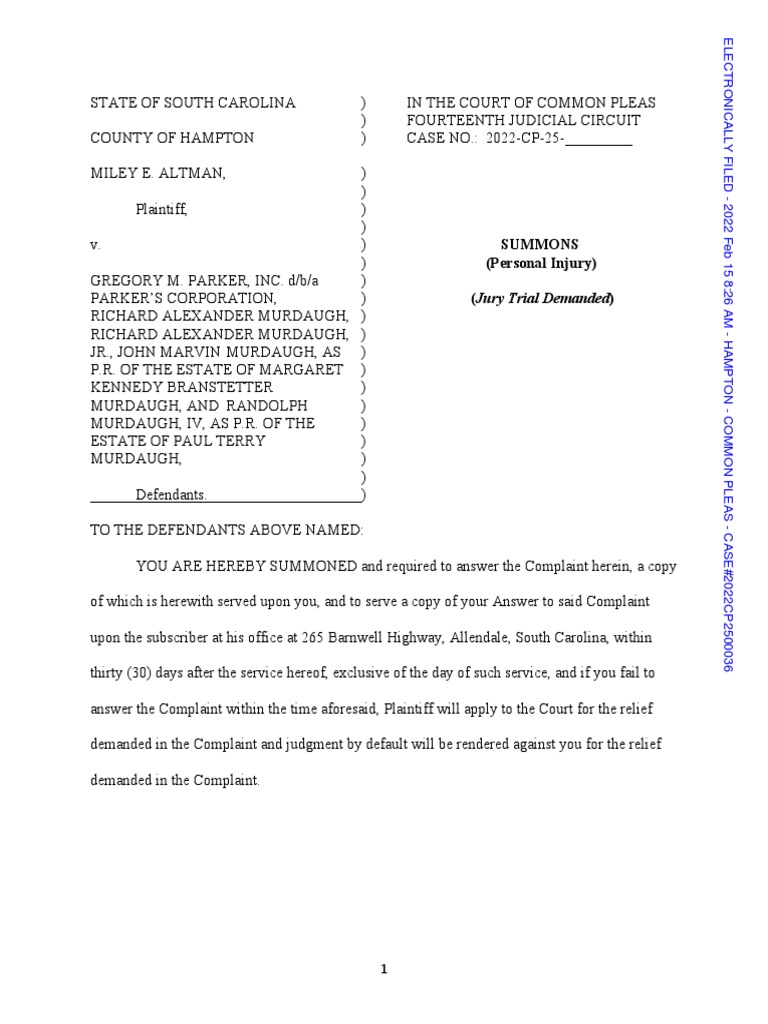 Lawsuit Filed by Miley Altman Against Alex Murdaugh and Others, For ...