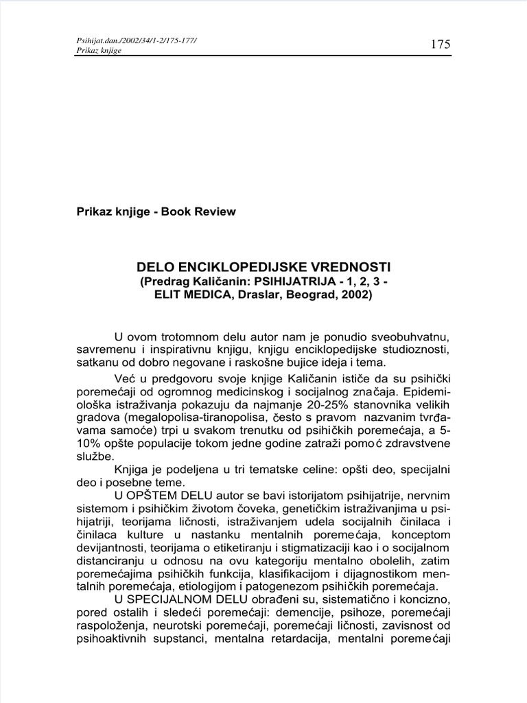 Prikaz Knjige Predrag Kalicanin Psihijatrija | PDF