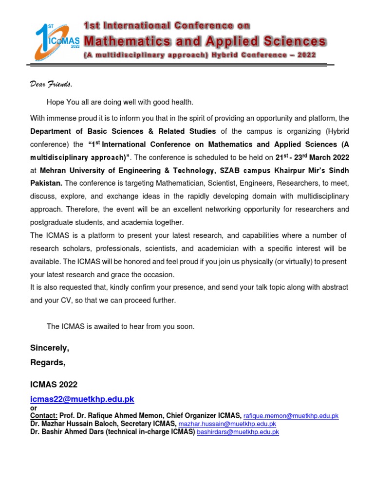 Dear Friends,: Sincerely, Regards, ICMAS 2022 | PDF