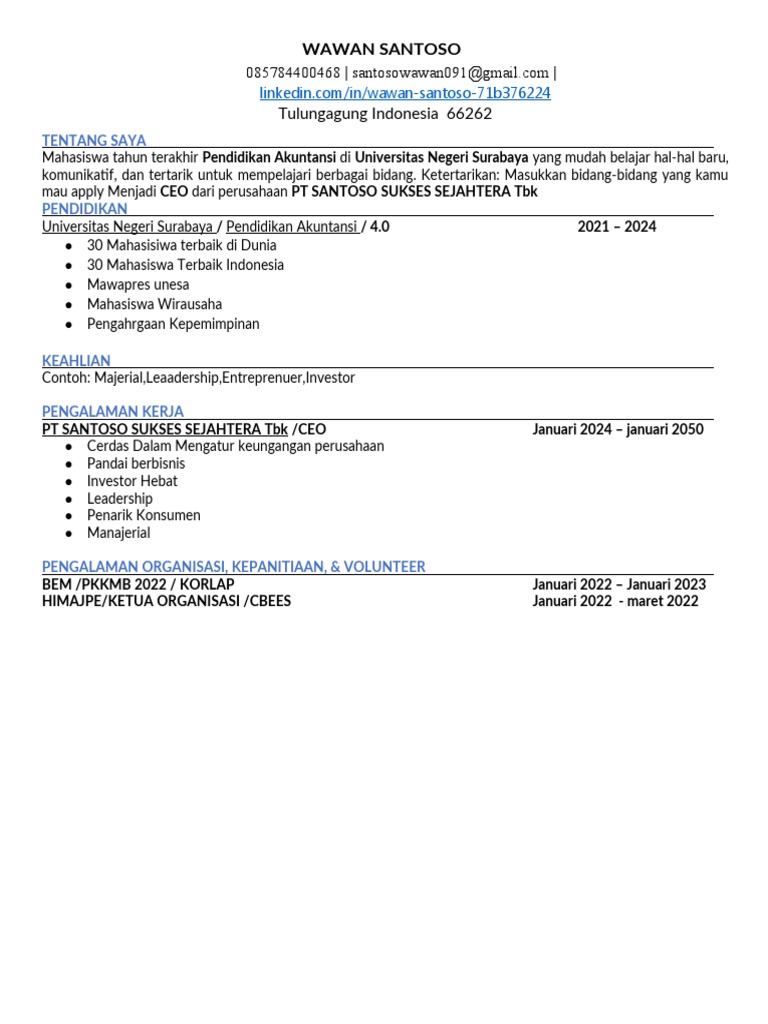 (B. Indonesia) Template CV Ats | PDF