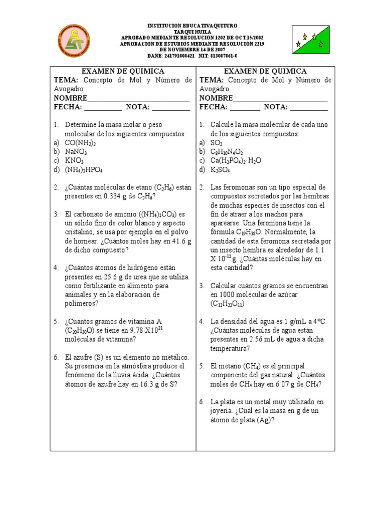Examen Mol y Número de Avogadro | PDF | Mole (Unidad) | Metano