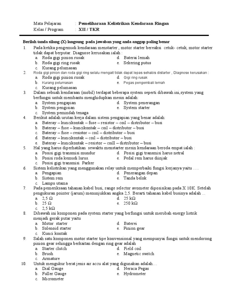 Latihan Soal Kelistrikan Kelas XII TKR-1 | PDF