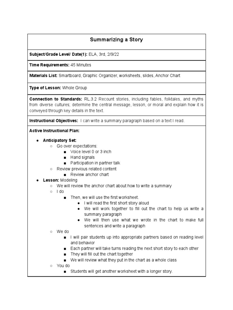 3rd Grade Story Summarizing Lesson | PDF | Behavior Modification ...