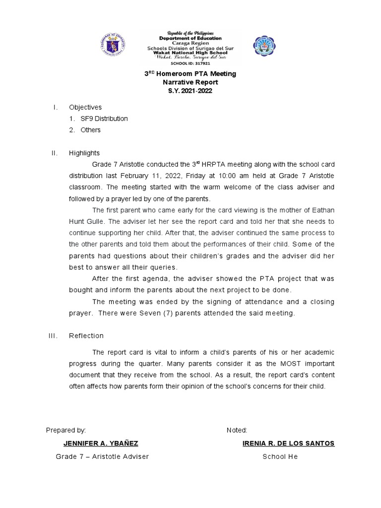 3 Homeroom PTA Meeting Narrative Report S.Y. 2021-2022 | PDF