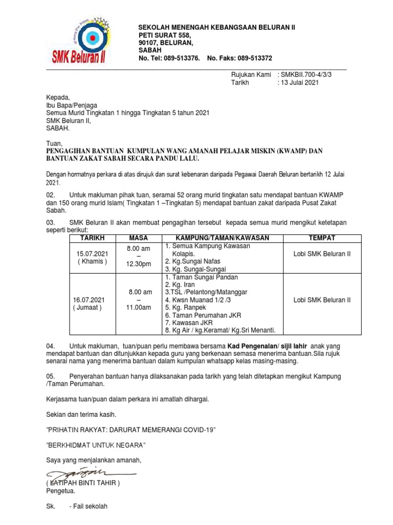 Surat PENYERAHAN KWAMP DAN ZAKAT 2021 - Sekolah-Signed | PDF