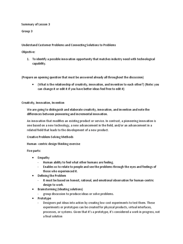 Summary of Lesson 3 | PDF | Innovation | Creativity