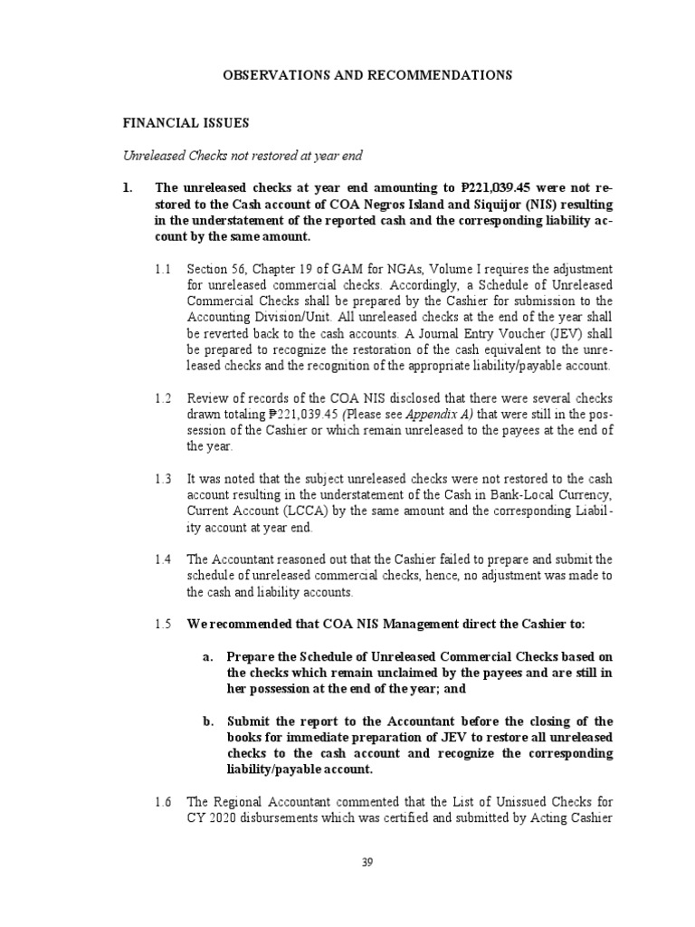 COA's Observation and Recommendations (2020 Audit Report On COA) | PDF ...