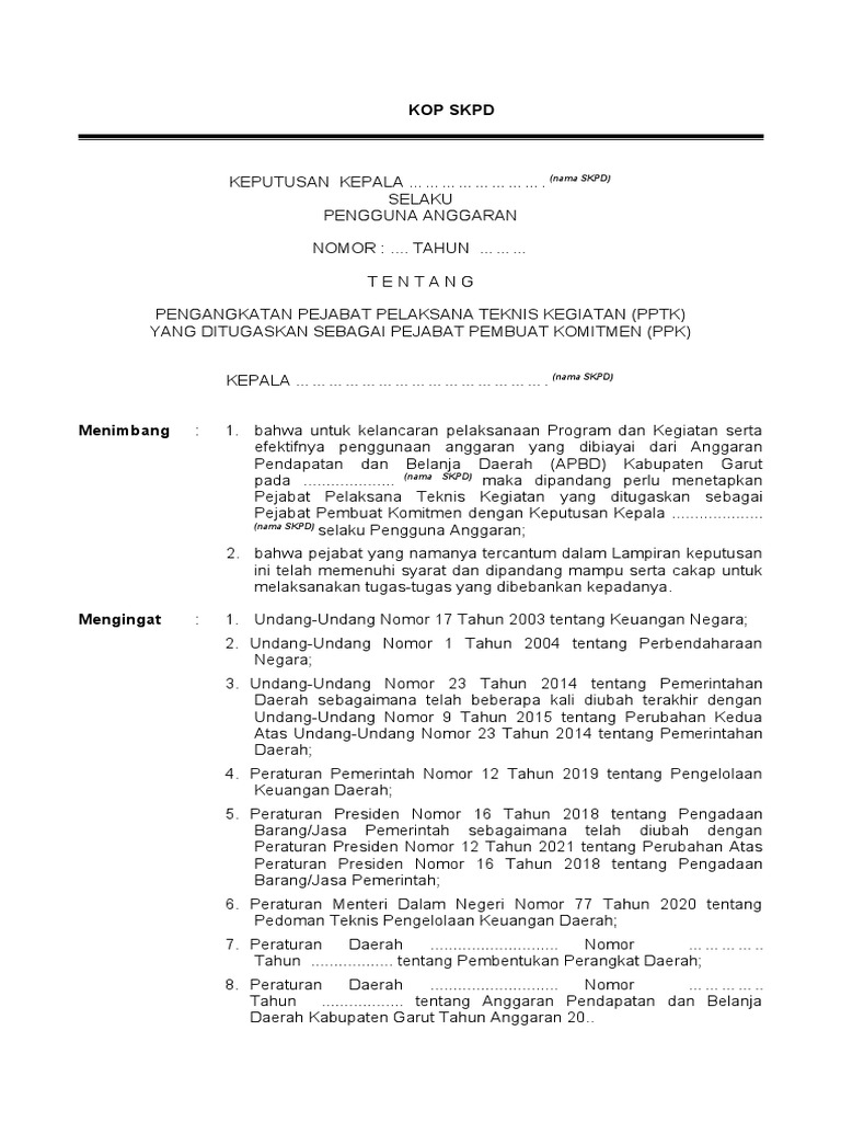 Format SK PPTK - Dengan Tugas PPK | PDF