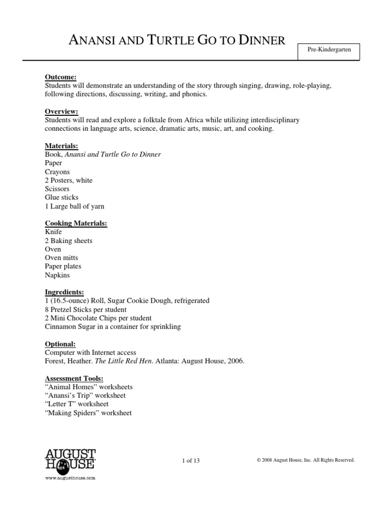 Ah Lesson Plan Anansi and Turtle Go To Dinner Prek | PDF | Anansi | Spider