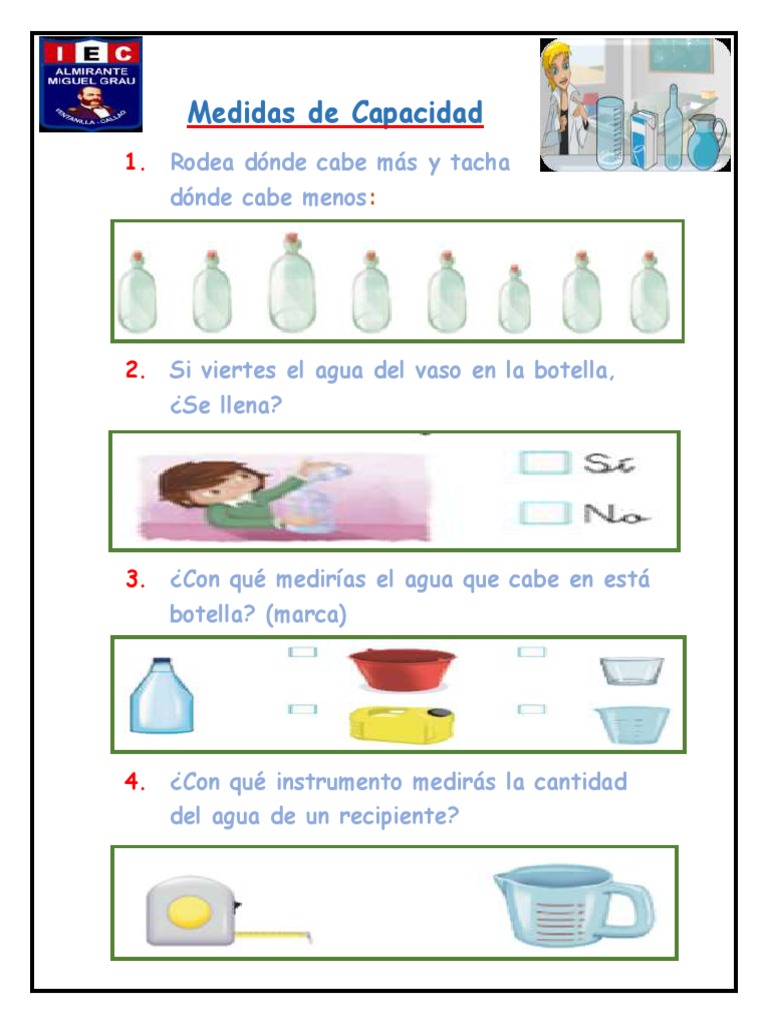 Comparando la capacidad de diferentes recipientes y midiendo volúmenes ...