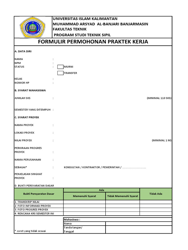 Formulir Pendaftaran Praktek Kerja PKL Prodi Teknik Sipil V3 | PDF