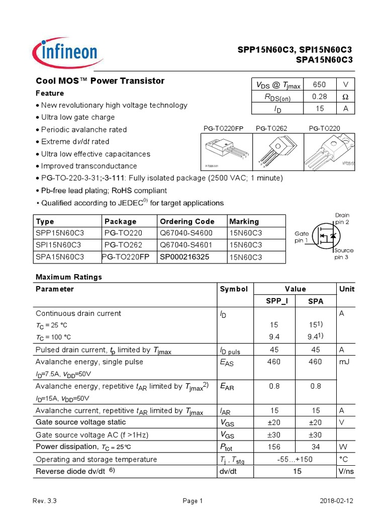 Infineon SPP - I - A15N60C3 DS v03 - 03 EN 53478 | PDF | Field Effect Transistor | Diode