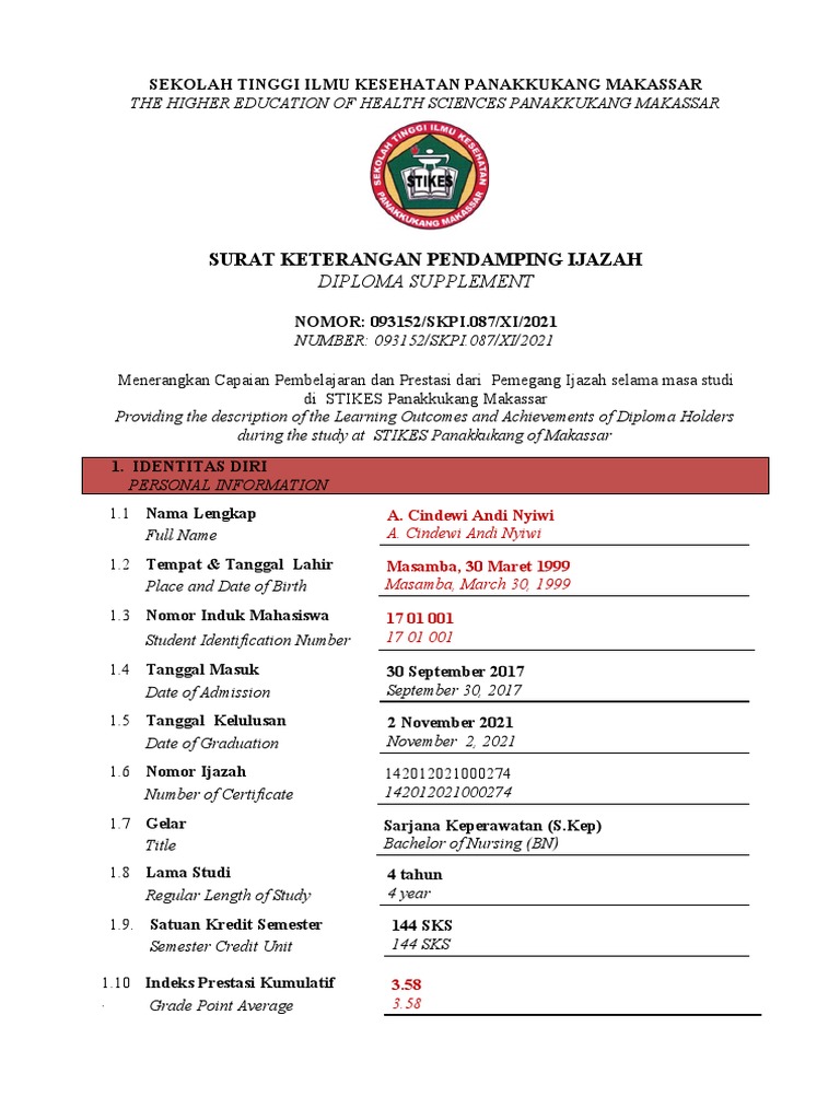 Surat Keterangan Pendamping Ijazah: Diploma Supplement | PDF | Health ...