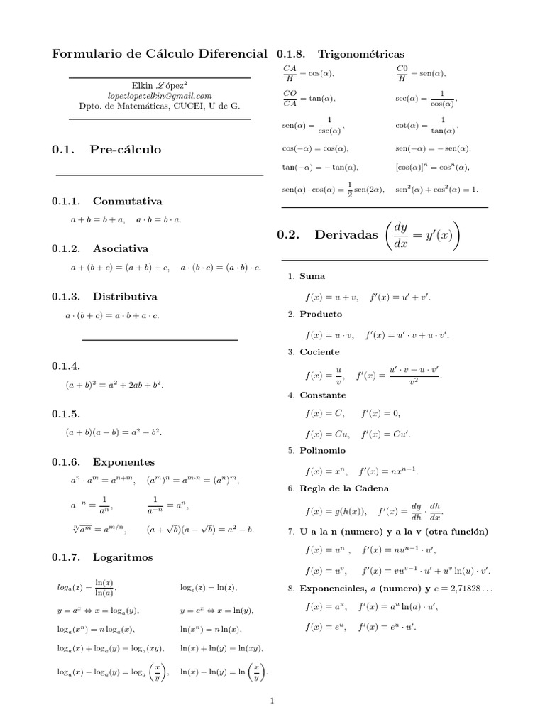 Formulario de Calculo Diferencial | PDF | Mathematical Relations | Differential Geometry