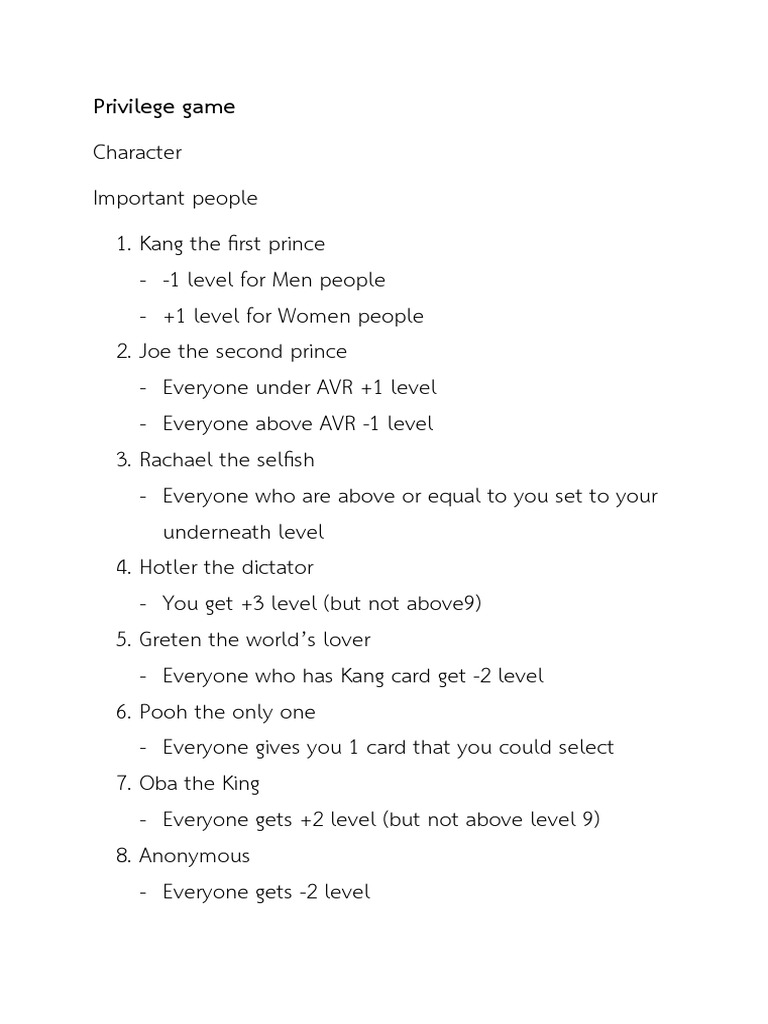 Privilege Game | PDF | Playing Cards | Consumer Goods