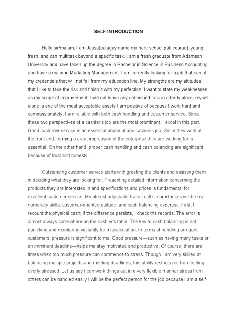 Cashier Self Introduction | PDF | Psychological Concepts | Business