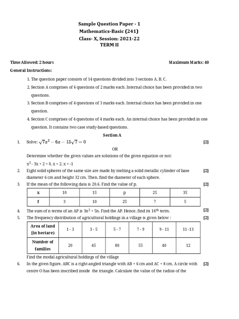 Cbse Term 2 Maths Sample Paper (Basic) | PDF | Circle | Triangle