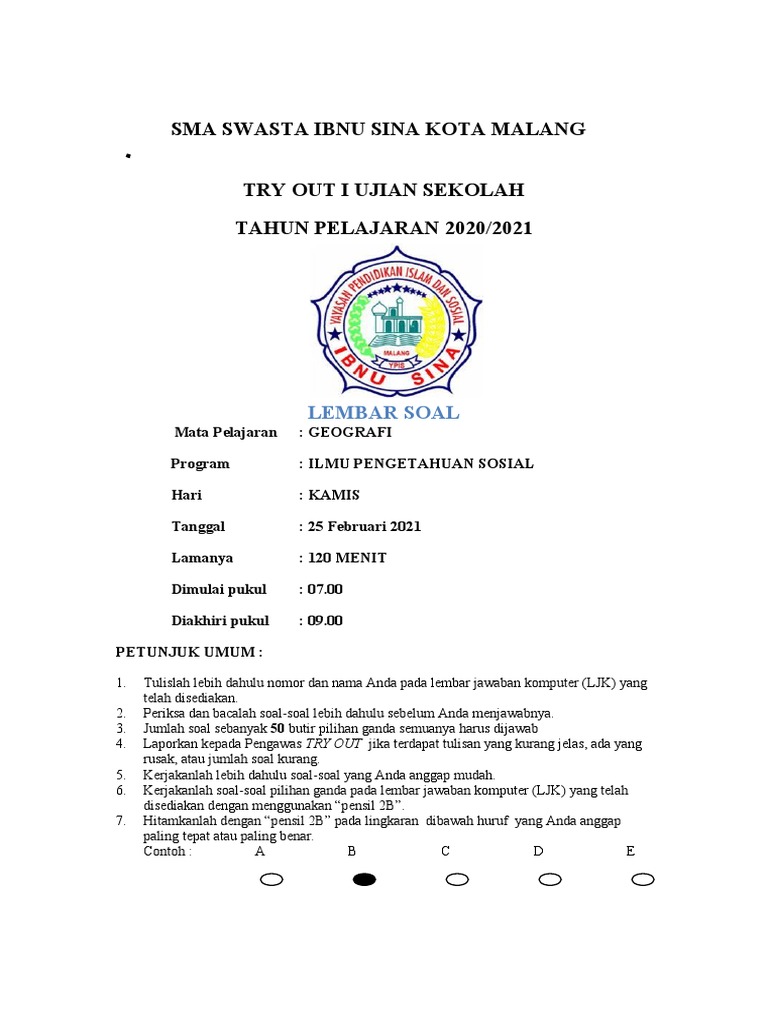 Soal Try Out 1 Geografi (Ips) - Smas 2017-2018 | PDF