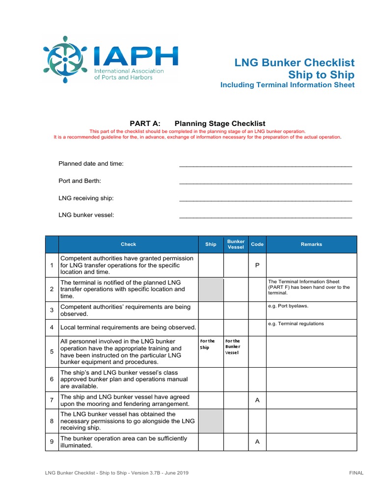 IAPH LNG Bunker Checklist Ship To Ship Final v3.7b Incl Guidelines | PDF | Liquefied Natural Gas ...