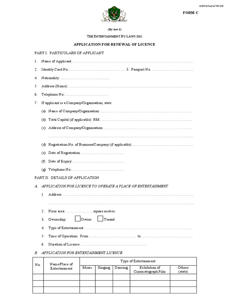 Form C - Application For Renewal of Licence (Entertainment) | PDF ...