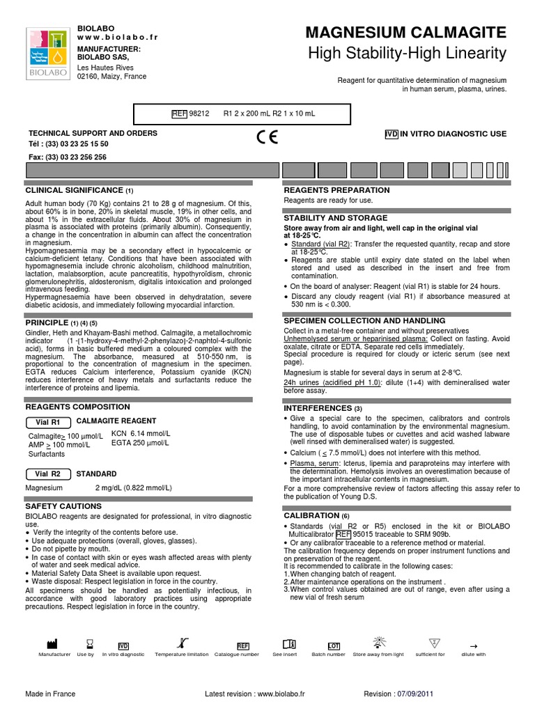 Kit Insert Magnesium (Calmagite) | PDF | Magnesium | Blood Plasma