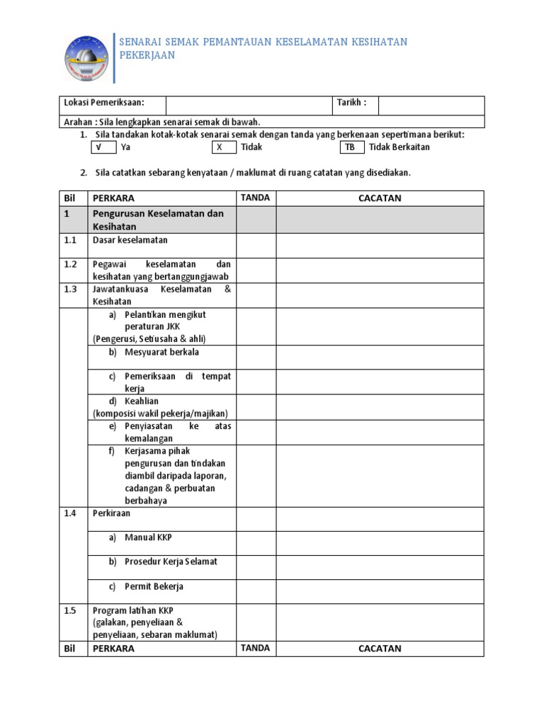 Senarai Semak Pemantauan Keselamatan Kesihatan | PDF
