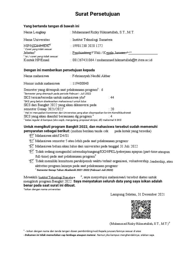Surat Approval Pembimbing Universitas Untuk Peserta Bangkit 2022 | PDF