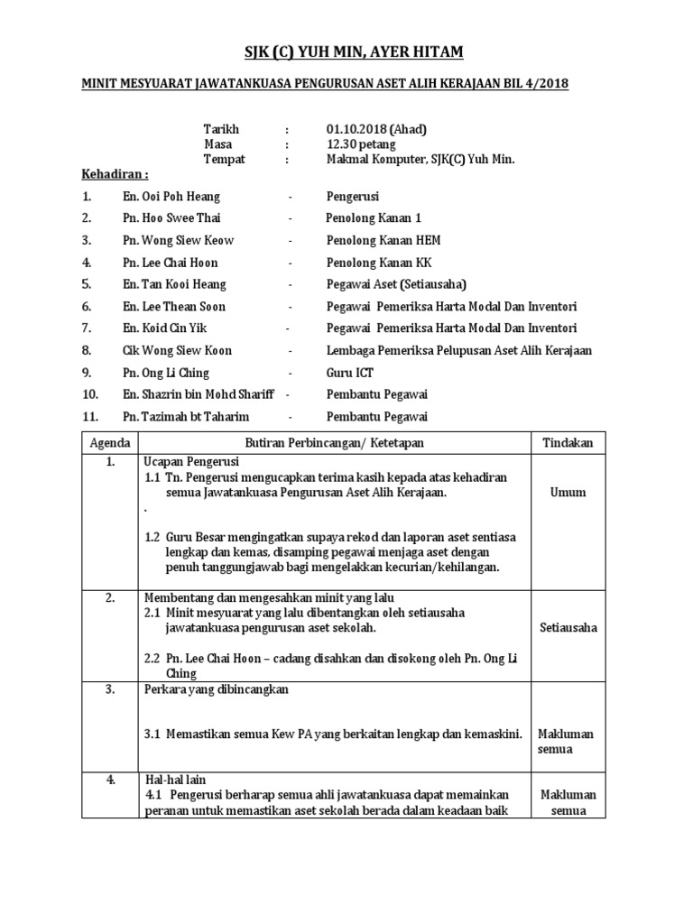 Minit Mesyuarat Aset Bil 4 2018 | PDF