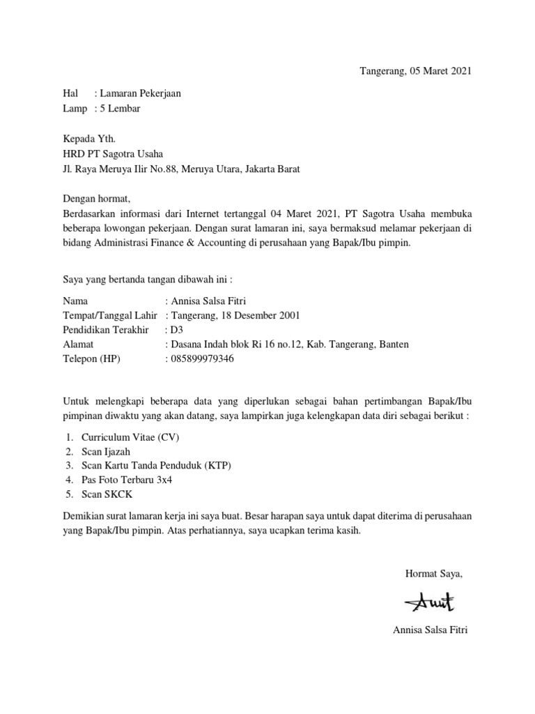 Annisa Salsa Fitri - J0314201166 - Surat Lamaran Kerja - MSDM - P2 | PDF