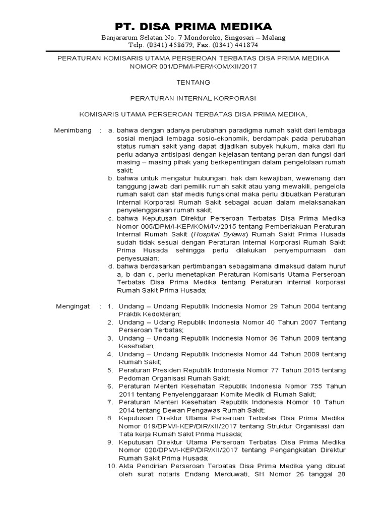 Peraturan Internal RS Prima Husada | PDF