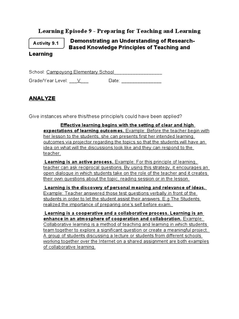 Learning Episode 9 - Preparing For Teaching and Learning | PDF ...