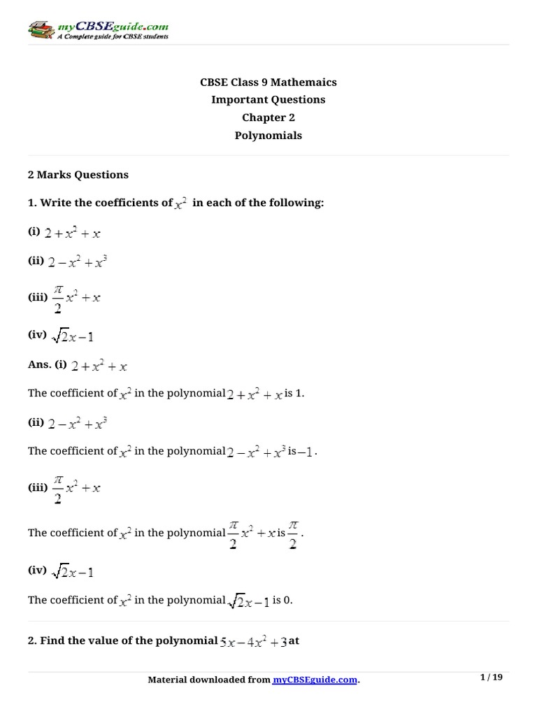 CBSE Class 9 Mathemaics Important Questions Polynomials: The ...