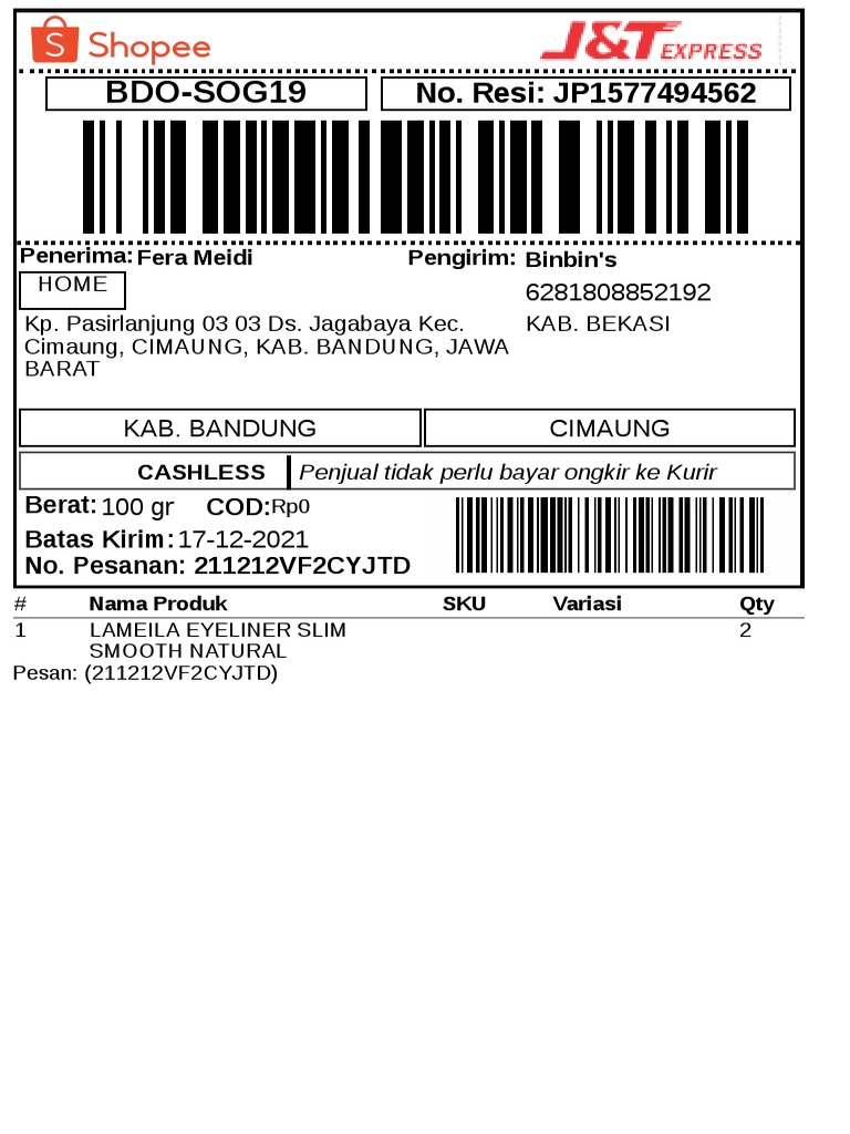 Contoh Resi Pengiriman JNE dan J&T | PDF
