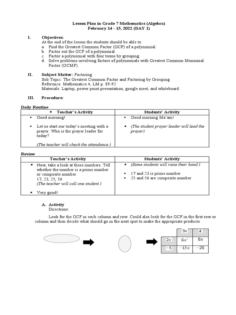 Lesson Plan in Grade 7 Mathematics (Algebra) February 14 - 15, 2022 ...