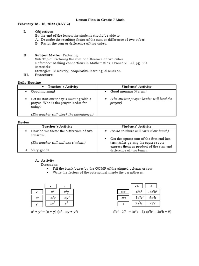 Detailed Lesson Plan Day1&2 | PDF | Factorization | Lesson Plan