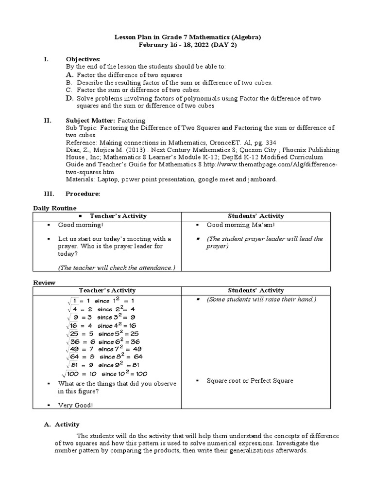 Detailed Lesson Plan Day2 | PDF | Factorization | Mathematics