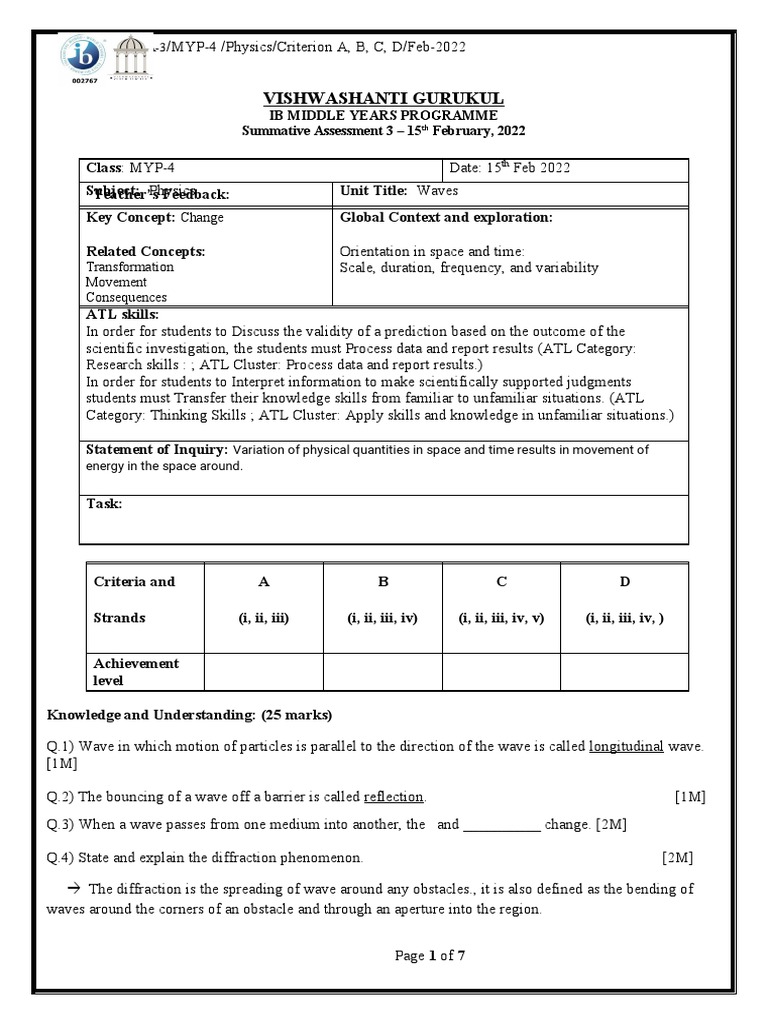 SA-3 MYP-4 Physics | PDF | Waves | Wavelength